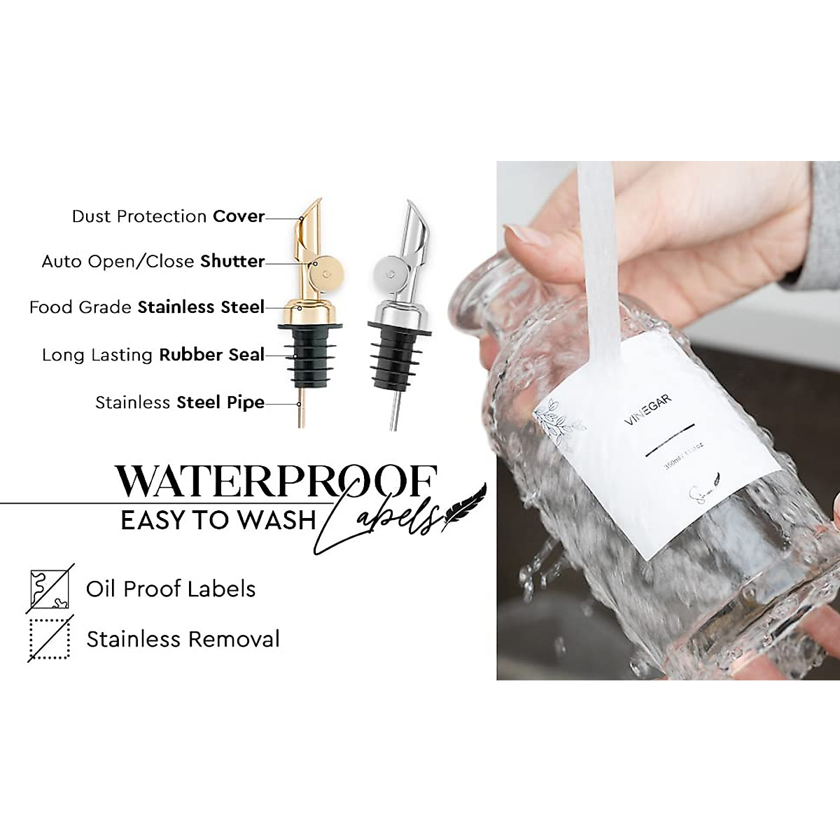 Apothecary Olive Oil Dispenser Bottle For Kitchen - Free Spout, 40 labels & Funnel - Coffee Syrup Dispenser Bottle, Glass Cooking Oil And Vinegar Dispenser Set Container, Pitcher, Cruet, Silver