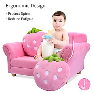 ARLIME Kids Sofa, Upholstered Toddler Couch Chair with Ergonomic Back & 2 Strawberry Pillows, Double Seat Toddler Armchair for Boys Girls