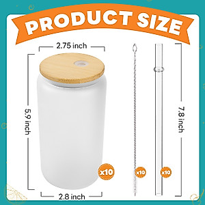 Joyclub 10 Pack Sublimation Glasses Blanks with Bamboo Lids and Straws 16 OZ Frosted Glass Can Tumbler Cups with Shrink Wrap Films for Iced Coffee Beer Juice Soda DIY Gift