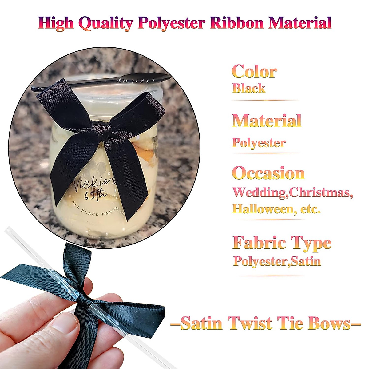 50 Pack Black Satin Ribbon Twist Tie Bows for Treat Bags, Gift Bags, Bakery Candy Bags and Package Decorating Ribbon Bow, Bowknot for Gifts