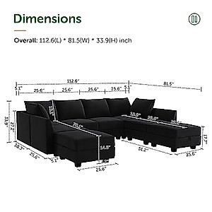 HONBAY Flexible Modular U Shaped Sofa, Black, Wood, 112.60 x 81.50 x 33.90 in