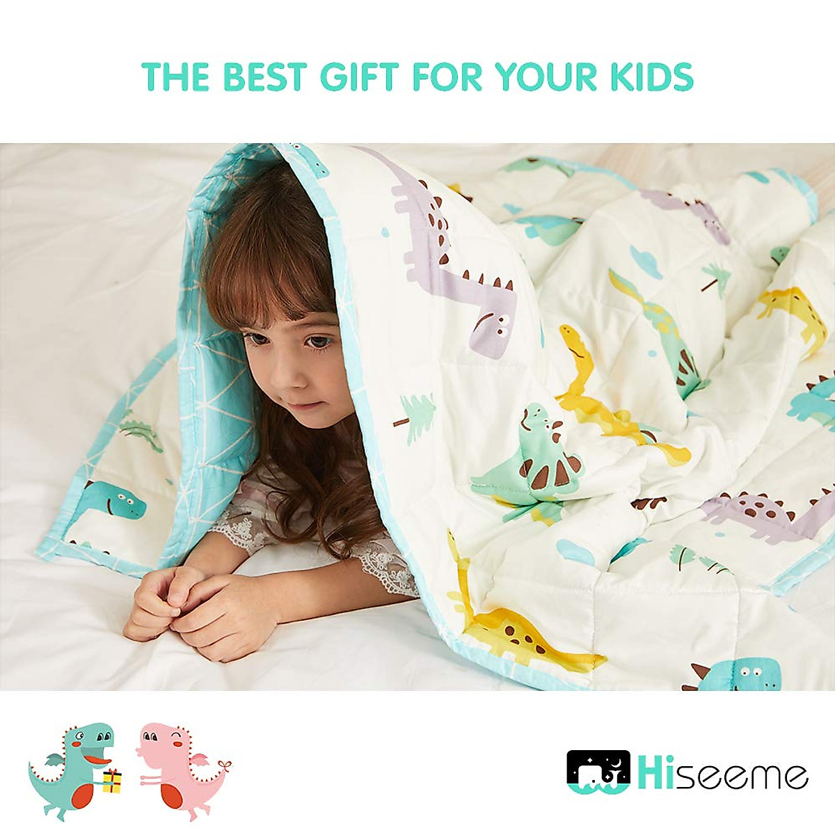 Hiseeme Weighted Blanket for (7lbs, 41''x60'', Single Size) Small Pockets - Breathable Cotton with Glass Beads (Dinosaur)