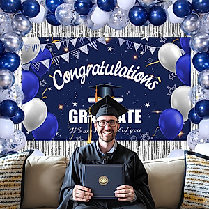 Graduation Decorations Class of 2024, Navy Blue and Silver Graduation Decorations, 2024 Graduation Party Decoration with Congratulations GRADUATE Backdrop Banner Balloons for College Nurse High School