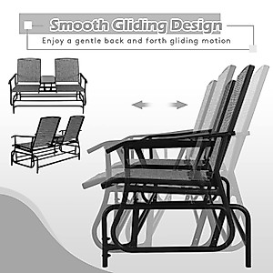 FANTASK 2 Person Outdoor Glider Bench w/Tempered Glass Table, Swing Patio Glider Chair with Steel Frame & Breathable Seat, Double Rocking Chair for Porch, Poolside, Patio, Garden (Grey)