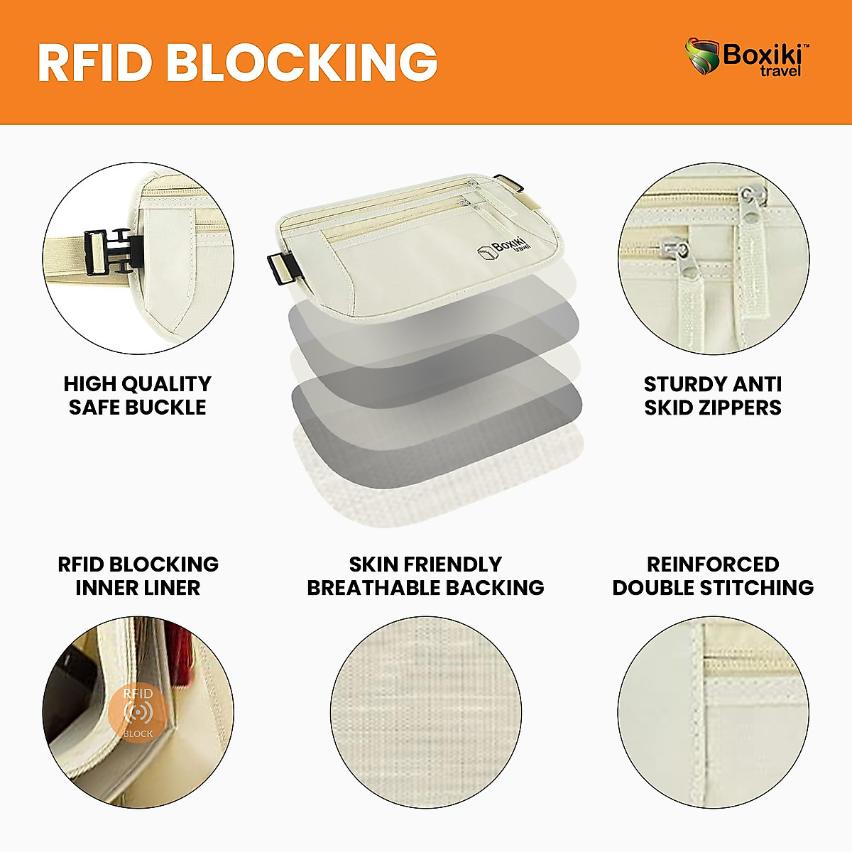 Boxiki Travel Hidden Money Belt for Men & Women - RFID Blocking Waist Pack for Passport, Wallet & Phone - Safe and Secure for Travel (Beige)