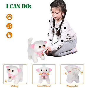 WorWoder Plush Electronic Interactive Cats That Move and Meow Walking Lifelike Interactive Toy Robot Kitten Pet Cute Stuffed Kitten for Girls Kids (White)