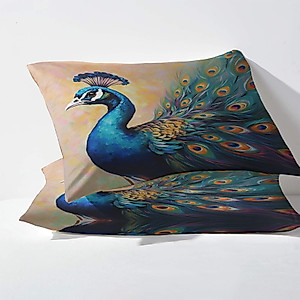 Peacock Sheets Full Size, Feather Bird Bed Sheets, Patterned Bedding Sheets & Pillowcases 4 Piece Set - Soft Microfiber Deep Pocket Fitted Sheet & Flat Sheet & 2 Pillow Cases L2-&-90