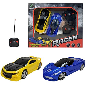 Skidz RC Cars for Kids, Remote Control Toy Car; High Speed Racer Boys Ages 6-7 Years 8-12 4WD Off-Road 1:24 Scale 2 Two Pack R/C Set 27mhz and 49Mhz 4Channel, Full Function (Blue and Yellow)