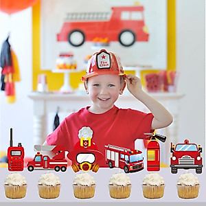 36pcs Fire Truck Party Cupcake Toppers Firefighter Baby Shower Decoration Fireman Themed Birthday Party Supplies Fire Engine Rescue Bday Cupcake Pick Decorations
