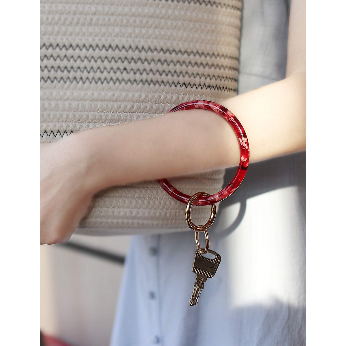 Heesch Bangle Key Ring Bracelet Keychain Key Ring Bracelet for Women, Acetate Circle Keyring for Wrist (Red)