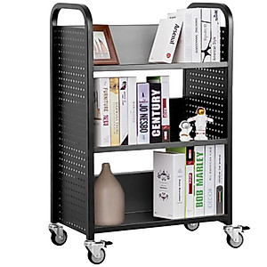 HHAA HA Library Rolling Book Cart with 3 Flat Shelves,Book Truck with Swivel Lockable Casters for Home,Office and School (Black)