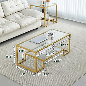 Golden Metal Glass Coffee Table - Two-Tiered with Tempered Glass, Stylish Metal Frame Coffee Table for Bedroom, Dining Room, Office Room.