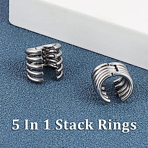 LADEMAYH 2 PCS Stack Rings Design Ear Cuff Plugs Tunnels Gauges, 5 in 1 Spring Rings Lightweight Stainless Steel Ear Hangers Body Piercing Jewelry Silver