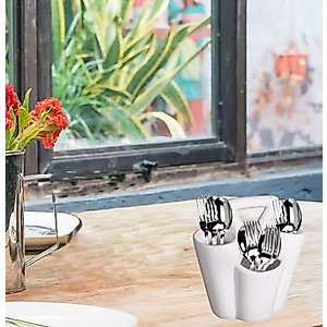 Farmhouse Decor 4 Section Ceramic Silverware Holder - Flatware and Cutlery Caddy - Kitchen Table Organizer (White)