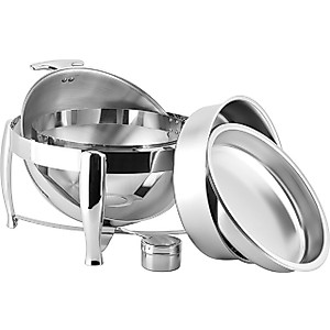CHEFQ Virtuosa S/S 6 QT Round Chafer, Roll-top Set Includes Food Pan, Water Pan and Fuel Holders – Durable, shiny silver, keeps food warm in catered events + CHEFS APRON by ChefQ