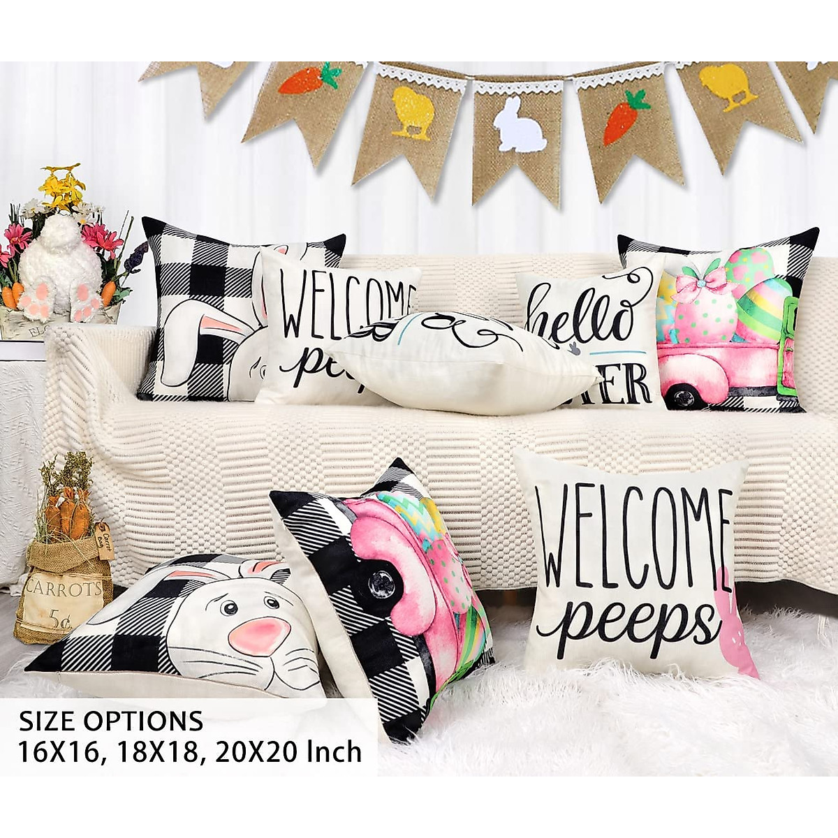 Easter Outdoor Pillow Covers, 18 x 18 inch Set of 4 Waterproof Throw Pillow Cases, Bunny Cushion Decor for Home Outside Patio Front Porch House Farmhouse B