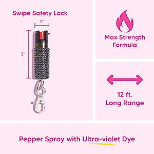 BLINGSTING Maximum Strength Pepper Spray Self Defense Keychain for Women, 12-ft Spray Range, UV Marking Dye, Rhinestones