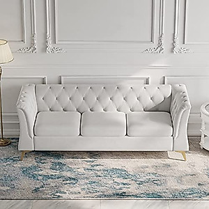 Homtique 3 Seater Sofa,Mid Century Modern Velvet Couch for Living Room,84 Inches Tufted Upholstered Chesterfield Sofa with Metal Legs Decor,Comfy Furniture Set for Bedroom Apartment (Beige)