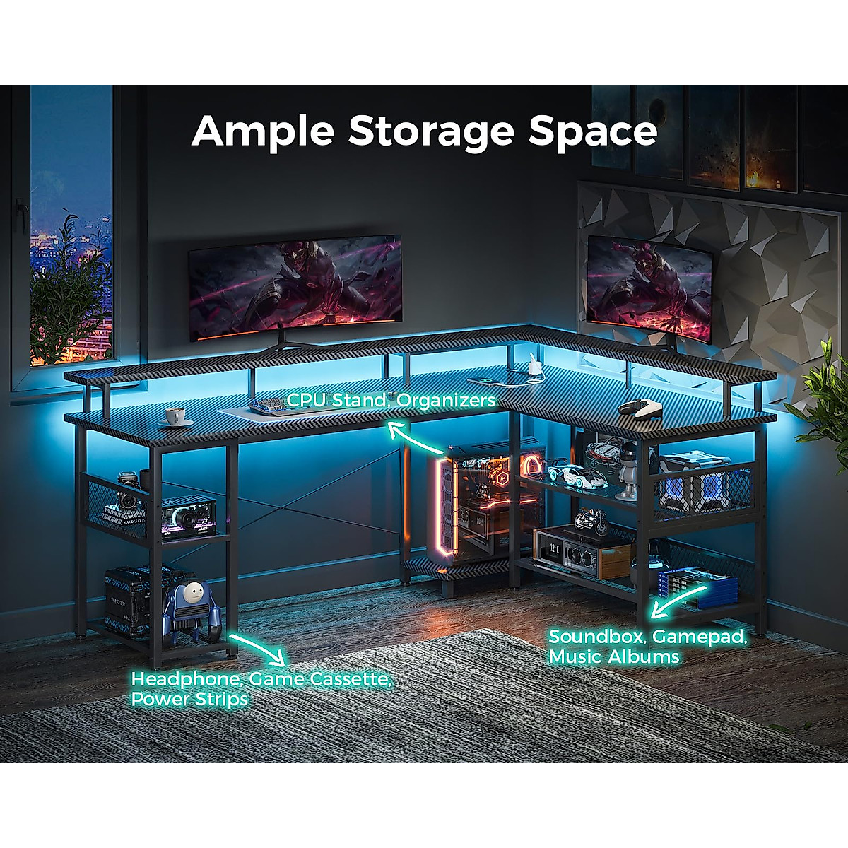 ODK 66" L Shaped Gaming Desk with Power Outlet and LED Lights, PC Gaming Table with Carbon Fiber Texture, Reversible L Shape Desk with Storage Shelves & Monitor Stand, Home Office Desk, Black