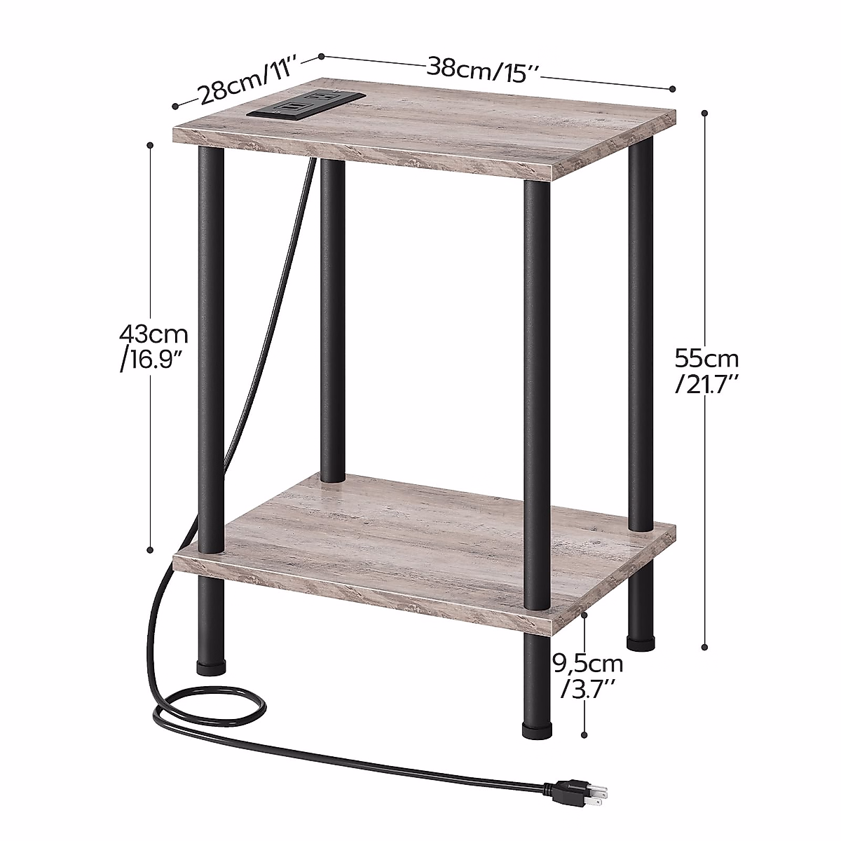 HOOBRO Side Table with Charging Station, End Table with USB Ports and Outlet, Nightstand with 2-Layer Storage Shelves for Small Spaces, Living Room, Bedroom, Stable Frame, Greige and Black BG09UBZ01