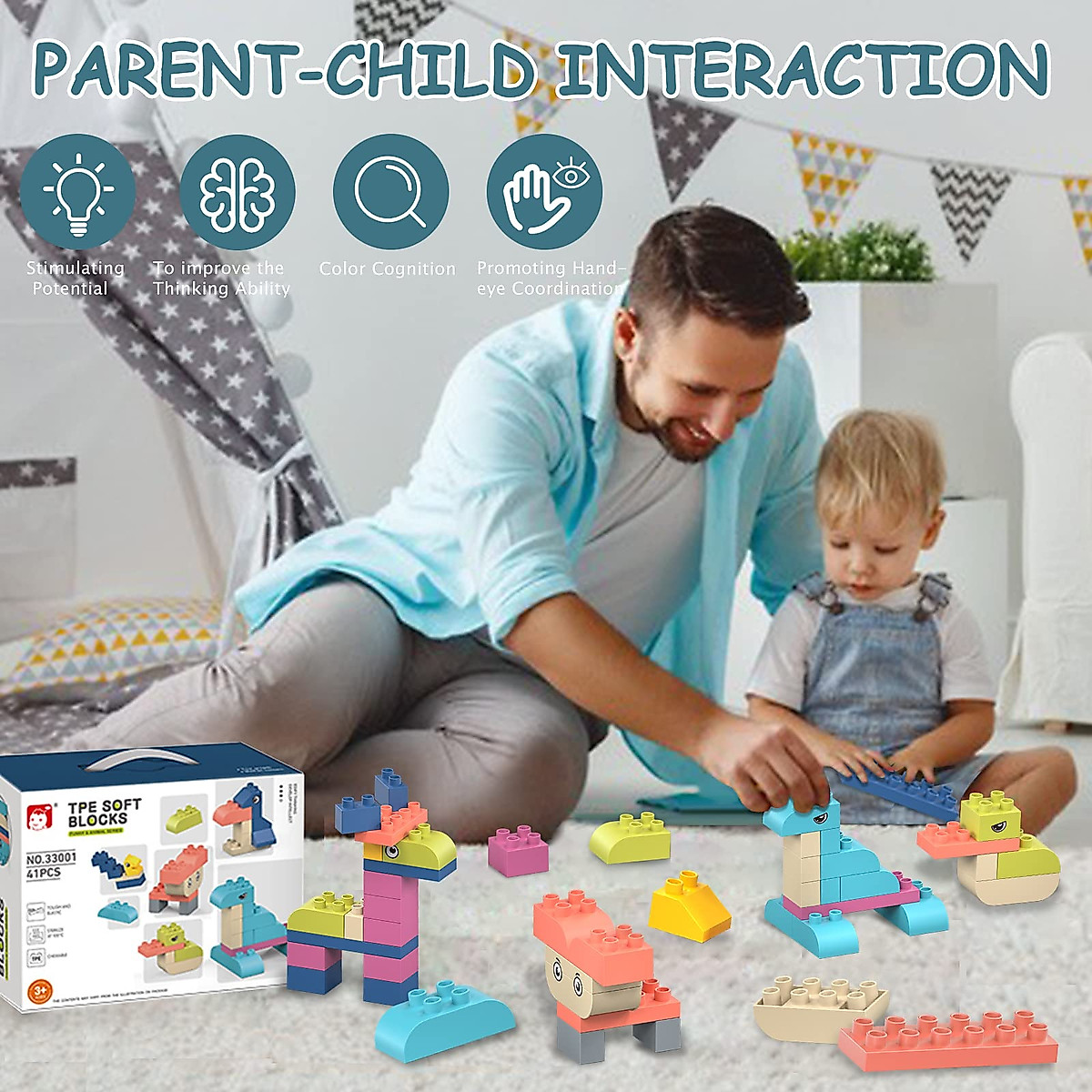 Building Block Sets for Kids, 41PCS Silicone Stacking Blocks for Toddlers, Multi-Colored Soft and Chewable STEM Toys,Early Learning Construction Building Teething Toys for Kids (Animal Series)