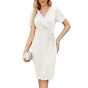 Slim Fit Lace Bodycon Dress for Women Sexy Wrap V Neck Cocktail Vestidos with Belt 2022 Fall Dresses White L