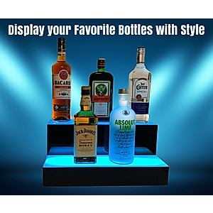 Liquor Bottle Display LED Shelf - 2 Step Multicolor Lighted Bar Stand 16 inch