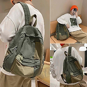 Lefe Liee vintage aesthetic canvas backpack for women men, hippie green small rucksack boho grunge bags, hemp lightweight day pack, casual daypack sage green japanese high y2k backpack