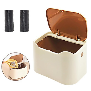 kathson Cat Litter Trash Can with Press Type Lid, Smell Proof Cat Poop Mini Bin with Bags, Cat Litter Scoop Holder Detachable Trash Container (Apricot Color)
