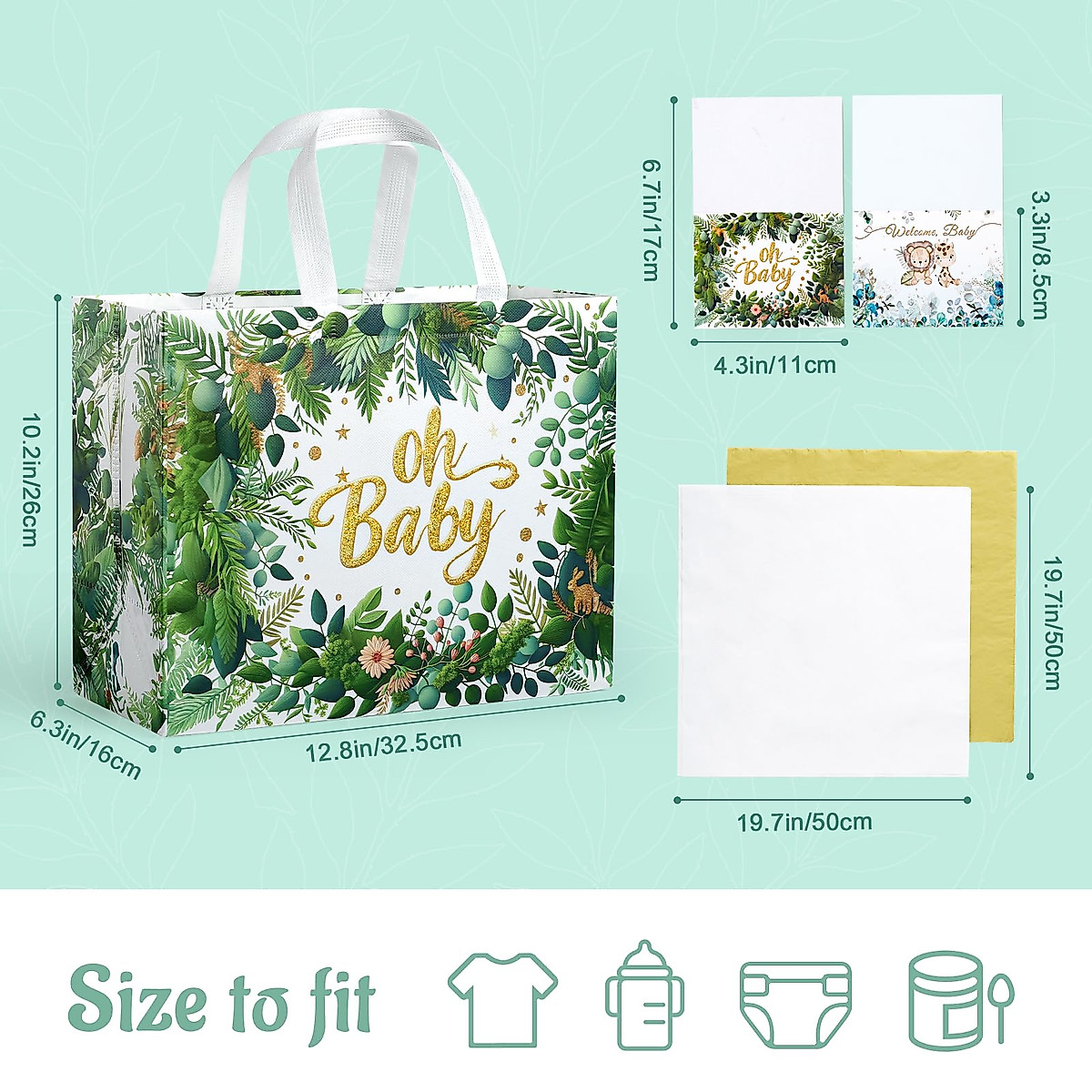 YANGTE 2 Pack 13" Large Baby Gift Bag for Baby Shower, Reusable Non-Woven Baby Gift Wrap Bags with Tissue Paper and Greeting Card for Boy and Girl Baby Shower Party