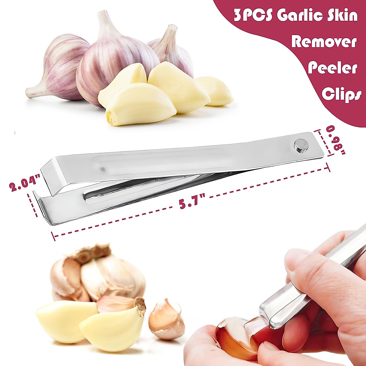 3PCS Stainless Steel Garlic Peeler - Garlic Peeler Clips Skin Remover - Easily Remove The Garlic Skin - Avoid Garlic Smell On Your Hands