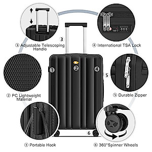 MGOB Checked Luggage 24 inch - Hard Shell Suitcase with Spinner Wheels, Lightweight PC Luggage with TSA Lock(Black, Checked-Medium 24-Inch