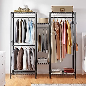 Amyove Clothes Rack Heavy Duty Garment Rack Portable Wardrobe Closet with Adjustable Shelves, Hanging Rods, Side Hooks for Hanging Clothes, Freestanding & L-shaped Closet (0.75 inch Diameter, Black)