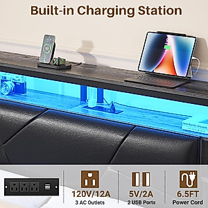 Hyomdeck Headboard for King Size Bed, Sturdy Upholstered King Head Board with 3 Outlets and 2 USB Ports, Solid Headboards with Smart RGB LED Light and Storage Shelves, Easy Assembly, Black Oak