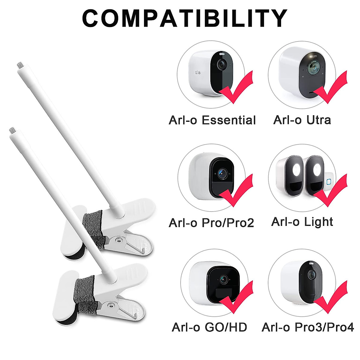 AOZTSUN 2Pack Flexible Clamp Mount Compatible with Arlo Cam, Arlo Pro/Pro 2/Pro 3/Ultra/Ultra 2, & Others Flexible Gooseneck Mounting Bracket No Tools or Wall Damage Required (White)