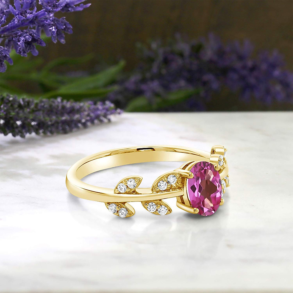 Gem Stone King 18K Yellow Gold Plated Silver 7X5MM Oval Gemstone Birthstone Twisted Olive Branch Leaf Vine Band Wedding Ring For Women | Available In Size 5, 6, 7, 8, 9