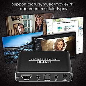 4K Media Player with AV Cable, Digital MP4 Player for 8TB HDD/USB Drive/TF Card/H.265 MP4 PPT MKV AVI Support HDMI/AV/Optical Out and USB Mouse/Keyboard-HDMI up to 7.1 Surround Sound