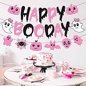Happy Boo Day Banner Pink Black Halloween Ghost Bat Little Boo Themed for Girl Halloween Happy Boo Day Baby Shower Party Supplies Glitter Halloween Decorations