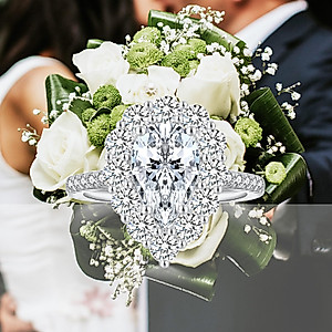 YOYEEWYNS 18K White Gold Plated 3.0CT Teardrop Cubic Zirconia Promise Halo Engagement Eternity Ring for Women Pear Wedding Band Size 7