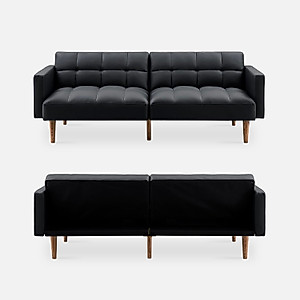 mopio Aaron 76.8" Couch, Small Futon Sofa Bed, Sleeper, Loveseat, Mid Century Modern Futon Couch, Sofa Cama, Couches for Living Room, Bedroom (Midnight Black, Faux Leather)