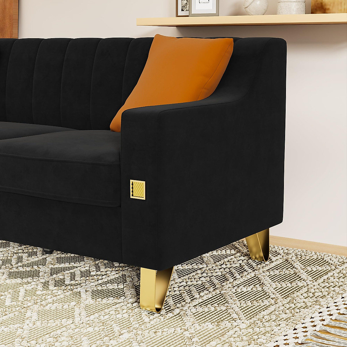 STORFENBOR 83'' Velvet Sofa, Chesterfield Velvet Upholstered Mid-Century Modern Loveseat, Ring Anti-Crash Design Armchair Feet, 3 Seat Living Room Apartment Large Comfort Sofa (Beige)