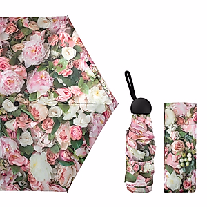 ALAZA Pink Rose White Flowers Floral Folding Umbrella for Rain Sun Travel Mini Lightweight Compact Umbrellas