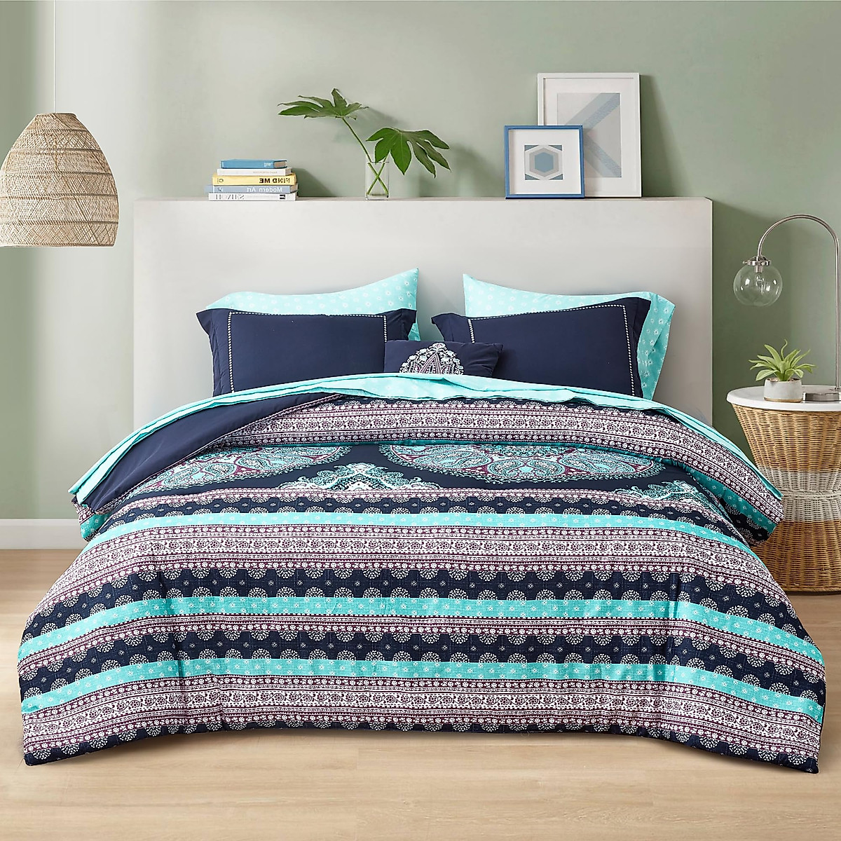 Degrees of Comfort Blue Twin XL Complete Comforter Sets, Boho Mandala Bed in A Bag,Microfiber Bedding Set with Side Pockets, Matching Decorative Pillow, 6 Piece Navy