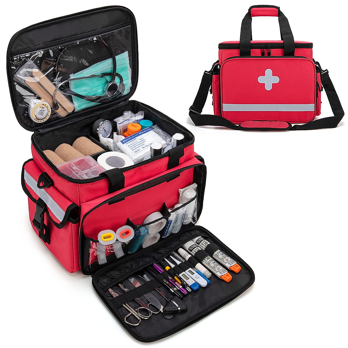CURMIO First Aid Kits Bag Empty, Emergency Supplies Bag Medical Bag for Home Health Care and Trauma Kits, Red (Empty Bag Only)