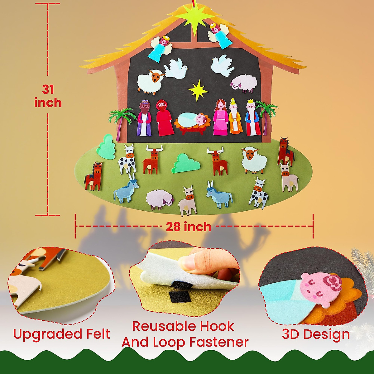 Enhon DIY Felt Christmas Tree Set, Felt Nativity Advent for Christmas with 29 Pcs Detachable Ornaments, Felt Christmas Tree, Christmas Door Wall Hanging Decor, Christmas Decor