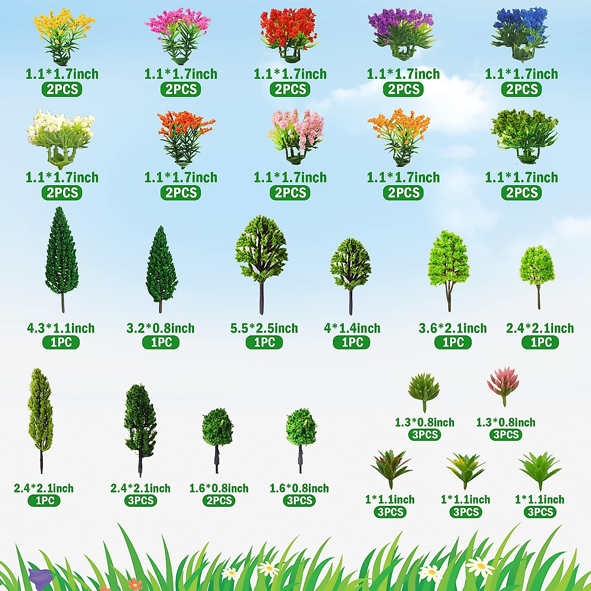 50 Pieces Model Trees 1.1-5.5inch Mixed Diorama Model Tree Flower Grass Architecture Mini Fake Trees Plants for DIY Crafts, Building Model, Railway Scenery Landscape Supplies