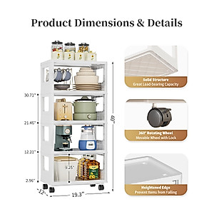 Rolling Storage Cart with Wheels - 5 Tier Multifunctional Utility Cart, Laundry Room Organization, Plastic Bathroom Storage Shelf, Mobile Shelving Units for Kitchen Living Room Study Dresser, White