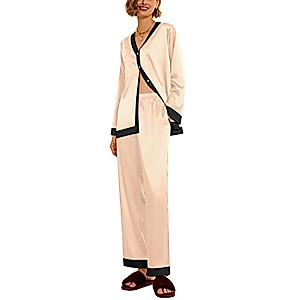 Ekouaer Satin Pajamas Silk Pjs Sets Button Down Sleepwear Set Winter Pajamas for Women with Pockets,Champagne,L