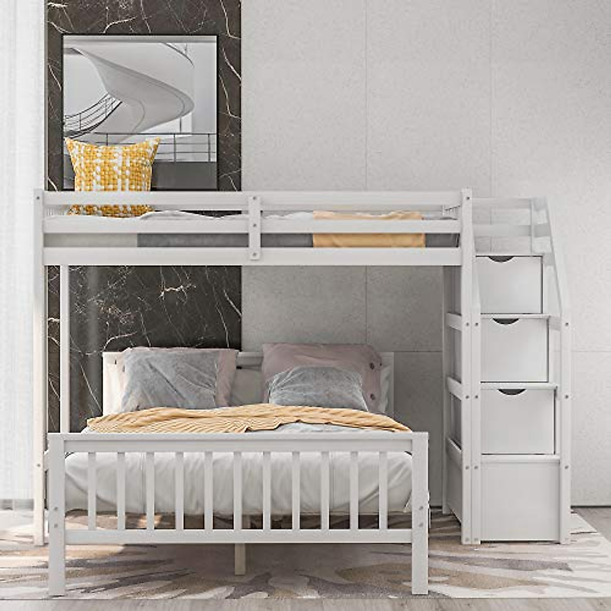 DEYOBED Twin Over Full Wooden Bunk Bed and Convertible Loft Bed with Storage Staircases - Ideal for Kids and Teens, Maximizing Space and Comfort