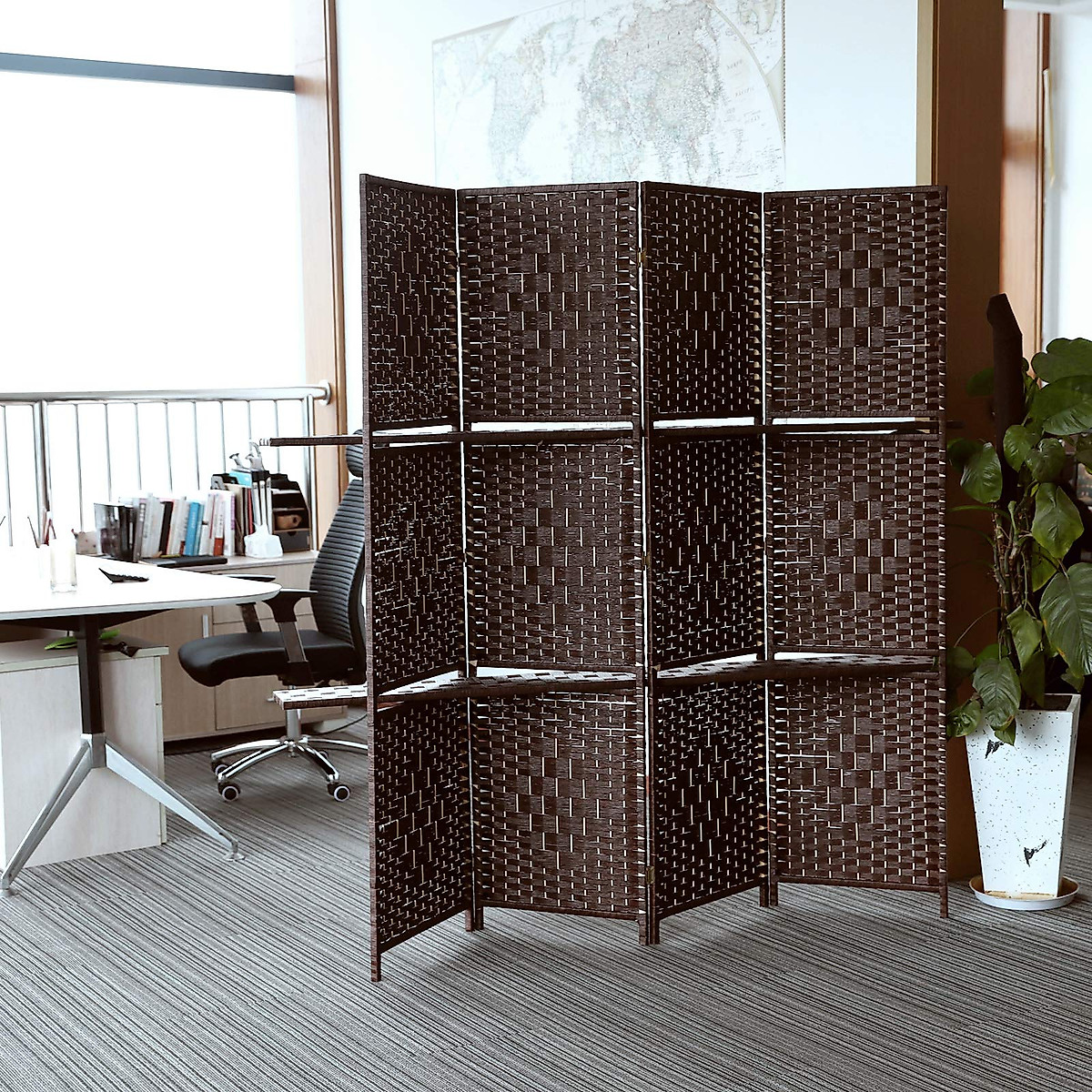4 Panels Room Screen Divider Hand-Woven Design Room Divider 6 Ft High Fiber Freestanding Privacy with Wooden Removable Storage Shelves Screen Suitable for Living Room and Study, Brown
